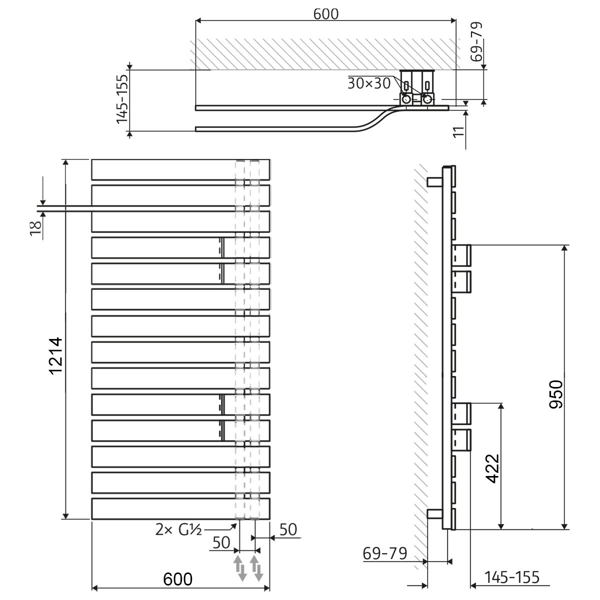 HSK Yenga Plus Designheizkörper 600x1214mm Weiß Seitenanschluss 8860120 ...