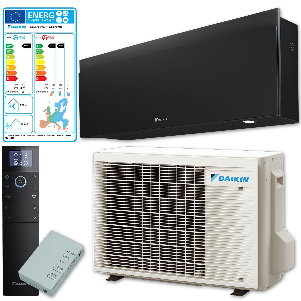 Daikin Emura 3 Klimaanlagenpaket Mattschwarz Mono-Split 3,5kW ...