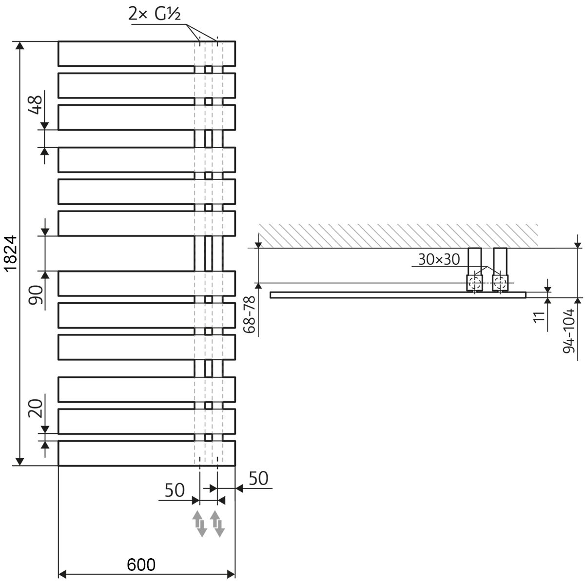 HSK Yenga Designheizkörper 600x1824mm Weiß Seitenanschluss 8760180-04 ...
