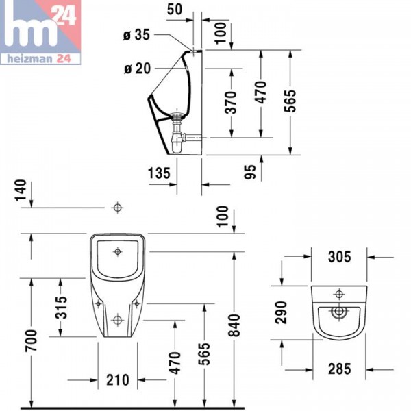 Duravit D-Code Urinal 0828300000 spülrandlos / rimless ohne Fliege mit ...